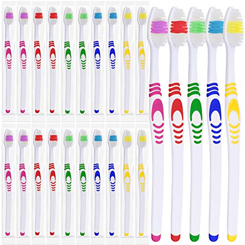 25 Bulk Toothbrushes | Individually Wrapped | Manual Disposable Travel Toothbrush Set for Adults or Kids | Made with a Medium-Soft Large Head | Multi-Color | Travel Toiletry Oral Set