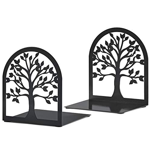 MAXFOUNDRY Bookends Pair - Book Ends to Hold Books, Tree of Life - Home, Office & Bookshelf Decorative Book Stopper - Rust-Proof Metal & Anti-Slip - Shelves Bookend Holder - Black