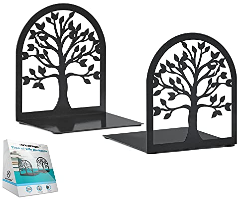 MAXFOUNDRY Bookends Pair - Book Ends to Hold Books, Tree of Life - Home, Office & Bookshelf Decorative Book Stopper - Rust-Proof Metal & Anti-Slip - Shelves Bookend Holder - Black