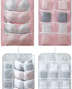 2 PCS Bra Hanging Bag, Cloth Dual Sided Wall Shelf Wardrobe Space Saver Bag for Underwear Bra Socks Storage Hanging Bags,with Mesh Pockets & Rotating Metal Hanger, Pink(5+10 Grids)&Gray(12+18 Grids)