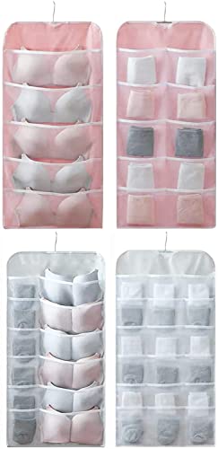 2 PCS Bra Hanging Bag, Cloth Dual Sided Wall Shelf Wardrobe Space Saver Bag for Underwear Bra Socks Storage Hanging Bags,with Mesh Pockets & Rotating Metal Hanger, Pink(5+10 Grids)&Gray(12+18 Grids)