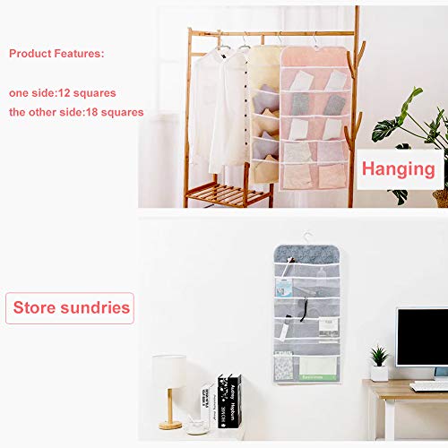 2 PCS Bra Hanging Bag, Cloth Dual Sided Wall Shelf Wardrobe Space Saver Bag for Underwear Bra Socks Storage Hanging Bags,with Mesh Pockets & Rotating Metal Hanger, Pink(5+10 Grids)&Gray(12+18 Grids)