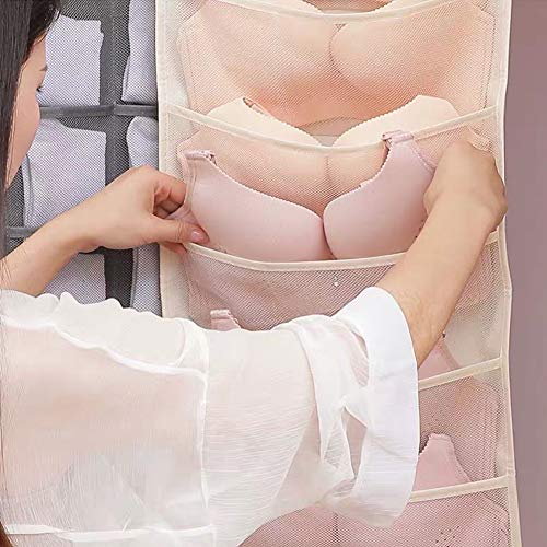 2 PCS Bra Hanging Bag, Cloth Dual Sided Wall Shelf Wardrobe Space Saver Bag for Underwear Bra Socks Storage Hanging Bags,with Mesh Pockets & Rotating Metal Hanger, Pink(5+10 Grids)&Gray(12+18 Grids)