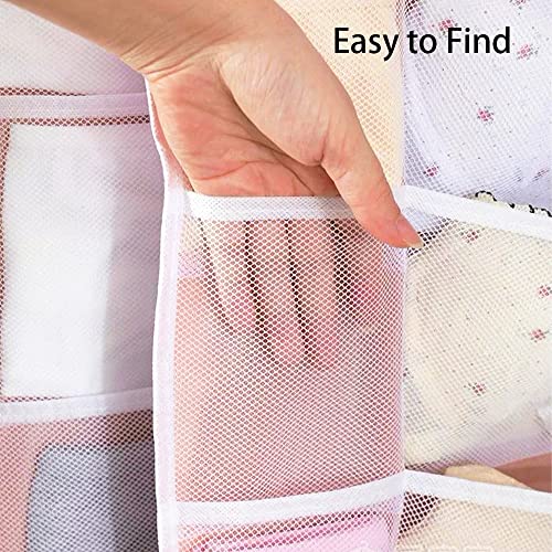 2 PCS Bra Hanging Bag, Cloth Dual Sided Wall Shelf Wardrobe Space Saver Bag for Underwear Bra Socks Storage Hanging Bags,with Mesh Pockets & Rotating Metal Hanger, Pink(5+10 Grids)&Gray(12+18 Grids)