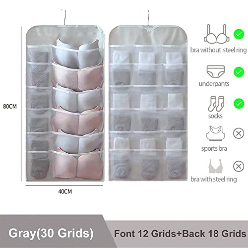 2 PCS Bra Hanging Bag, Cloth Dual Sided Wall Shelf Wardrobe Space Saver Bag for Underwear Bra Socks Storage Hanging Bags,with Mesh Pockets & Rotating Metal Hanger, Pink(5+10 Grids)&Gray(12+18 Grids)