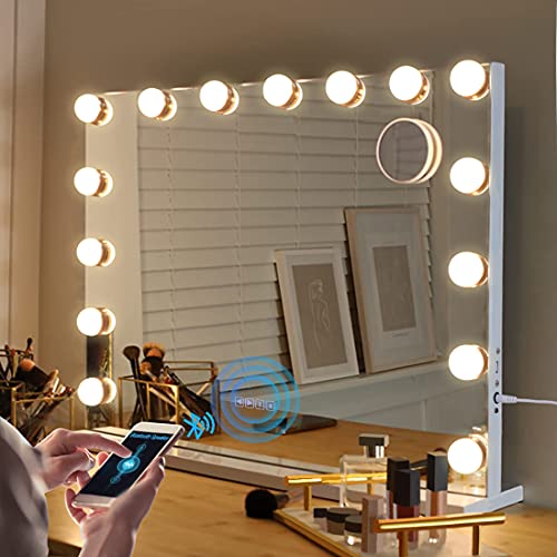 Fenair Vanity Mirror with Lights and Bluetooth Hollywood Speaker Support Answer Call, Touch Screen, 3 Color Modes Tabletop 15 Dimmable Bulbs