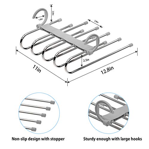 SOSOPIN Space Saving Pants Hangers Non-Slip Clothes Organizer 5 Layered Pants Rack for Scarf Jeans (Grey, 2 Pcs)