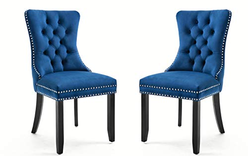 Set of 2 Dining Chairs Modern for Dining Room Kitchen Accent Side Chair Velvet Button Tufted Padded Cushion Seat and Back (Sapphire Blue)