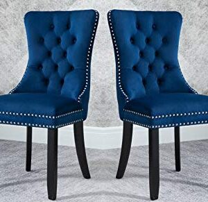 Set of 2 Dining Chairs Modern for Dining Room Kitchen Accent Side Chair Velvet Button Tufted Padded Cushion Seat and Back (Sapphire Blue)