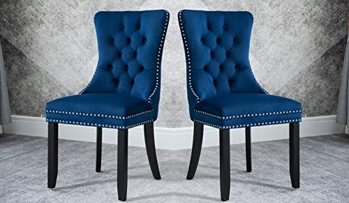 Set of 2 Dining Chairs Modern for Dining Room Kitchen Accent Side Chair Velvet Button Tufted Padded Cushion Seat and Back (Sapphire Blue)