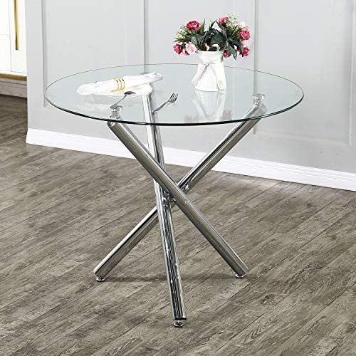 STYLIFING Round Glass Dining Table - Modern Round Dining Table with Tempered Glass Top, Silver Chrome Plated Metal Legs, Kitchen Table Dining Room Table for 4, Coffee Table for Living Room,Small Space