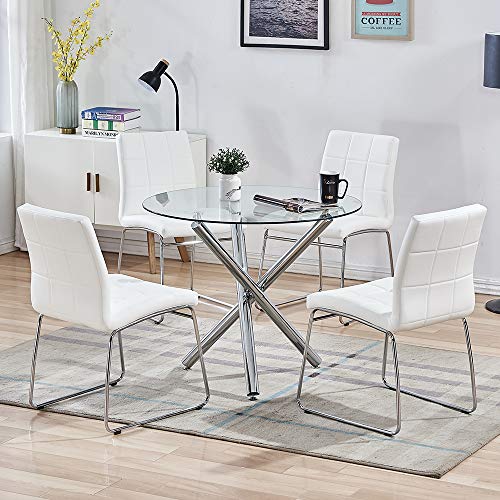 STYLIFING Round Glass Dining Table - Modern Round Dining Table with Tempered Glass Top, Silver Chrome Plated Metal Legs, Kitchen Table Dining Room Table for 4, Coffee Table for Living Room,Small Space