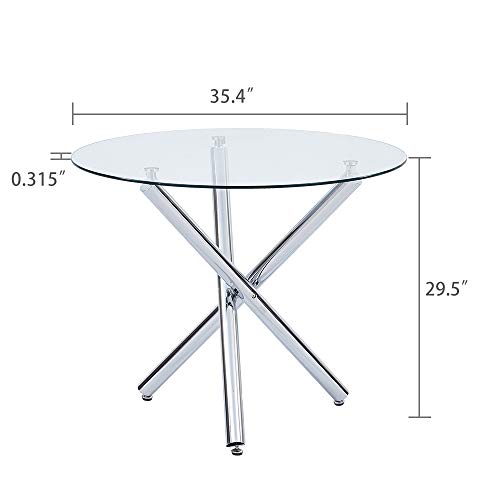 STYLIFING Round Glass Dining Table - Modern Round Dining Table with Tempered Glass Top, Silver Chrome Plated Metal Legs, Kitchen Table Dining Room Table for 4, Coffee Table for Living Room,Small Space