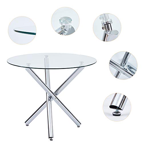 STYLIFING Round Glass Dining Table - Modern Round Dining Table with Tempered Glass Top, Silver Chrome Plated Metal Legs, Kitchen Table Dining Room Table for 4, Coffee Table for Living Room,Small Space