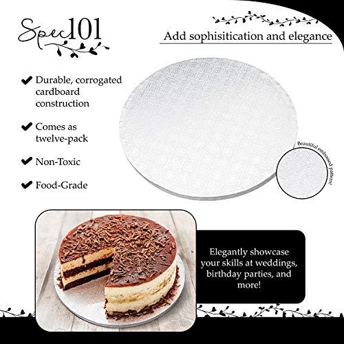 Spec101 Round Cake Boards Bulk 12pk - 10 Inch Cake Drum Round White Cardboard Base with 1/2 Inch Thick Smooth Foil Edge