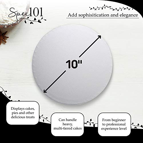 Spec101 Round Cake Boards Bulk 12pk - 10 Inch Cake Drum Round White Cardboard Base with 1/2 Inch Thick Smooth Foil Edge