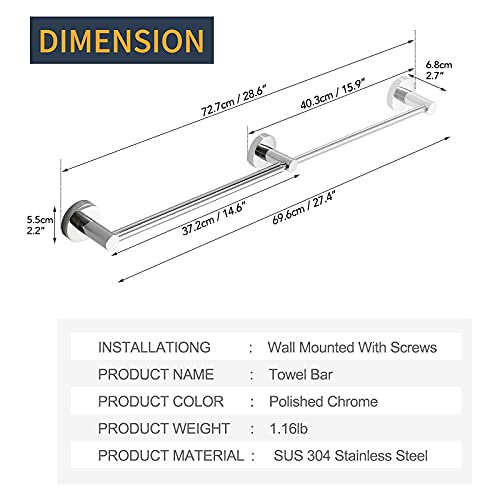 BESy Adjustable 15.9 to 28.6 Inch Single Bath Towel Bar Rack for Bathroom Accessories SUS304 Stainless Steel Towel Holder, Wall Mount with Screws Hand Towel Bar Rod Hotel Style, Polished Chrome