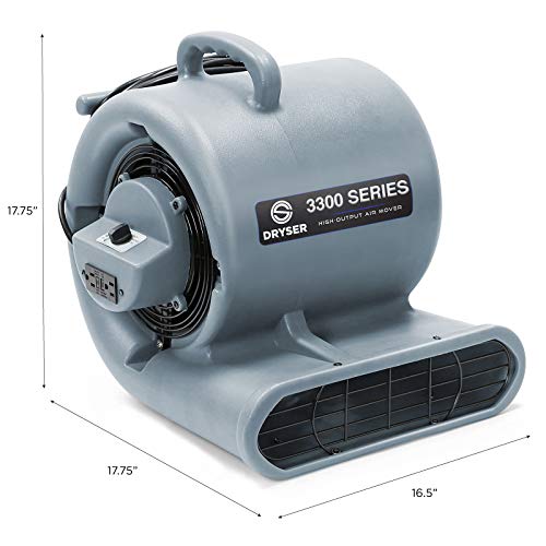 Dryser Air Mover Carpet Dryer 3 Speed 1/3 HP Industrial Floor Fan with 2 GFCI Outlets - Gray Stackable Carpet Drying Fan Blower