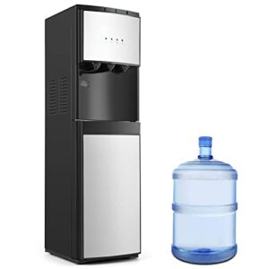 bottom loading water dispenser 5 gallon,hot cold and room water cooler with 3 temperature spouts, empty bottle indicator child safety lock stainless steel black home and office use