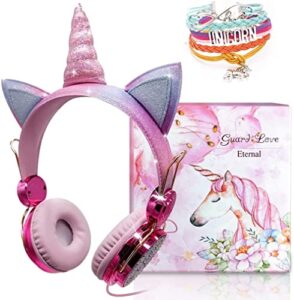 unicorn kids headphones for girls children teens, wired headphones for kids with adjustable headband, 3.5mm jack and tangle-free cord, over on ear headset w/mic for school birthday xmas unicorn gift