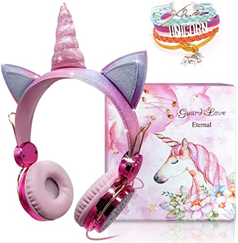 Unicorn Kids Headphones for Girls Children Teens, Wired Headphones for Kids with Adjustable Headband, 3.5mm Jack and Tangle-Free Cord, Over On Ear Headset w/Mic for School Birthday Xmas Unicorn Gift