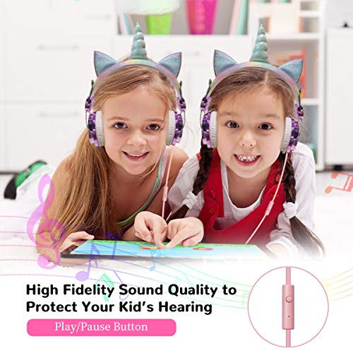 Unicorn Kids Headphones for Girls Children Teens, Wired Headphones for Kids with Adjustable Headband, 3.5mm Jack and Tangle-Free Cord, Over On Ear Headset w/Mic for School Birthday Xmas Unicorn Gift