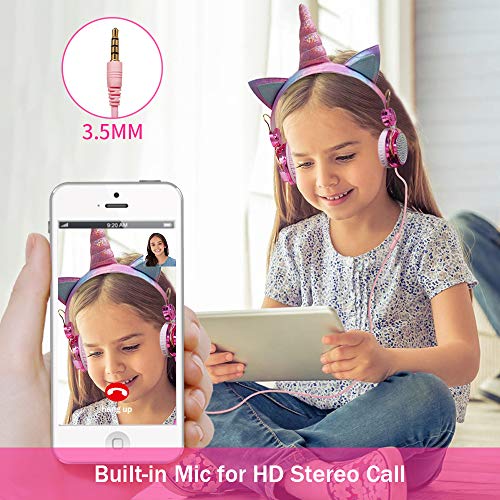 Unicorn Kids Headphones for Girls Children Teens, Wired Headphones for Kids with Adjustable Headband, 3.5mm Jack and Tangle-Free Cord, Over On Ear Headset w/Mic for School Birthday Xmas Unicorn Gift