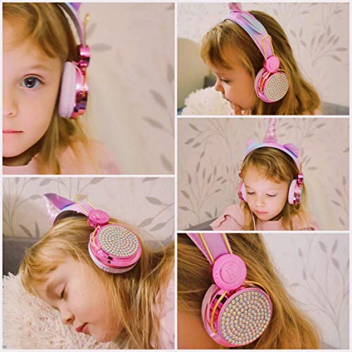 Unicorn Kids Headphones for Girls Children Teens, Wired Headphones for Kids with Adjustable Headband, 3.5mm Jack and Tangle-Free Cord, Over On Ear Headset w/Mic for School Birthday Xmas Unicorn Gift