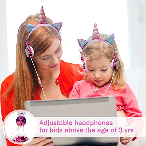 Unicorn Kids Headphones for Girls Children Teens, Wired Headphones for Kids with Adjustable Headband, 3.5mm Jack and Tangle-Free Cord, Over On Ear Headset w/Mic for School Birthday Xmas Unicorn Gift