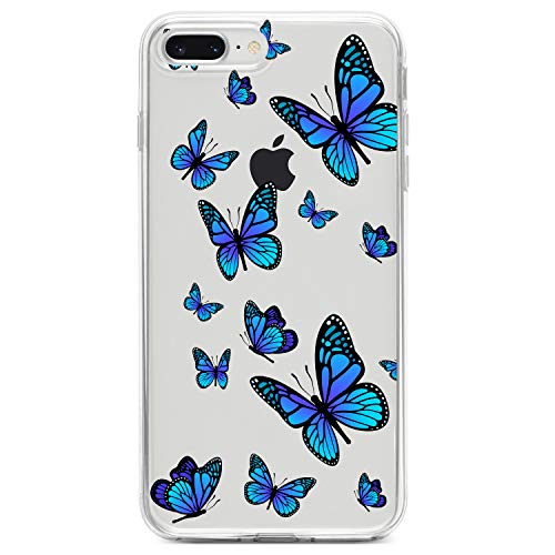 DistinctInk Clear Shockproof Hybrid Case for iPhone 7 Plus / 8 Plus (5.5" Screen) - TPU Bumper, Acrylic Back, Tempered Glass Screen Protector - Blue Butterflies Butterfly