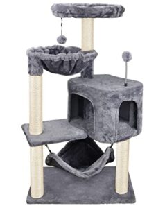 newest cat tree with cat condo and big hammock，grey