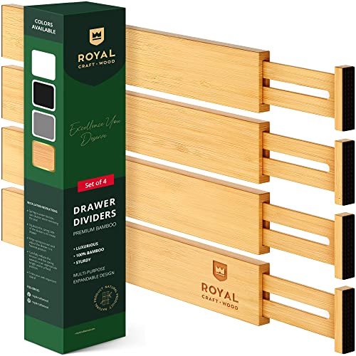 ROYAL CRAFT WOOD Adjustable Bamboo Drawer Dividers Organizers (17" - 21.5") - Expandable Drawer Organization Separators for Kitchen, Clothes, Bedroom, 4-Pack, (Natural)