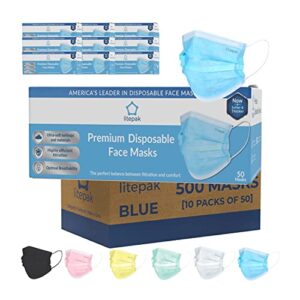 litepak 500pcs premium disposable face mask soft 3ply nose wire - blue