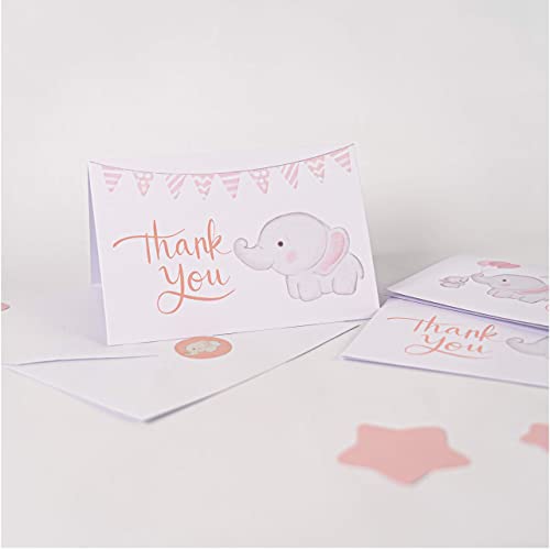 Baby Shower Thank You Cards with Envelopes for Girl. 50 Elephant Pink Thank You Cards Baby Shower with Envelopes for Baby Thank You Notes - Blank Inside Baby Shower Card Pack with Sealing Stickers…