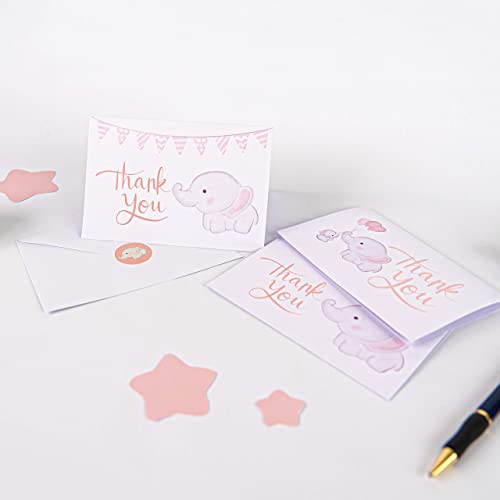 Baby Shower Thank You Cards with Envelopes for Girl. 50 Elephant Pink Thank You Cards Baby Shower with Envelopes for Baby Thank You Notes - Blank Inside Baby Shower Card Pack with Sealing Stickers…