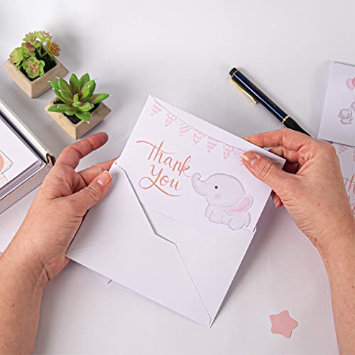 Baby Shower Thank You Cards with Envelopes for Girl. 50 Elephant Pink Thank You Cards Baby Shower with Envelopes for Baby Thank You Notes - Blank Inside Baby Shower Card Pack with Sealing Stickers…