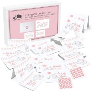 Baby Shower Thank You Cards with Envelopes for Girl. 50 Elephant Pink Thank You Cards Baby Shower with Envelopes for Baby Thank You Notes - Blank Inside Baby Shower Card Pack with Sealing Stickers…