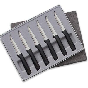 rada cutlery anthem series serrated knife set stainless steel dining steak knives with ergonomic black resin handles, set of 6