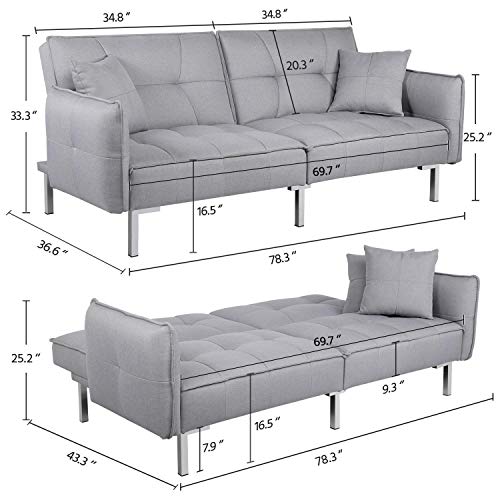 Yaheetech Sleeper Sofa Couch Bed Convertible Sofa Modern Futon Couches Sofas Bed Fold Up and Down Linen Fabric Recliner Couch for Living Room Gray