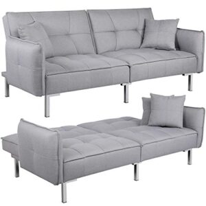 Yaheetech Sleeper Sofa Couch Bed Convertible Sofa Modern Futon Couches Sofas Bed Fold Up and Down Linen Fabric Recliner Couch for Living Room Gray