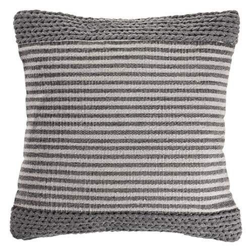 LR Home Farmhouse Striped and Textured Throw Pillow Area Rug, 20" x 20", Gray/Ivory