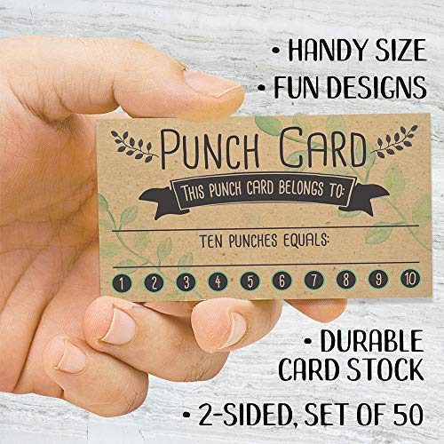 Loyalty Rewards Punch Cards for Small Business - Set of 50 Kraft Paper Coupon Cards - Blank Voucher Gift Rewards Card Stationery - Great Loyalty Cards for Business