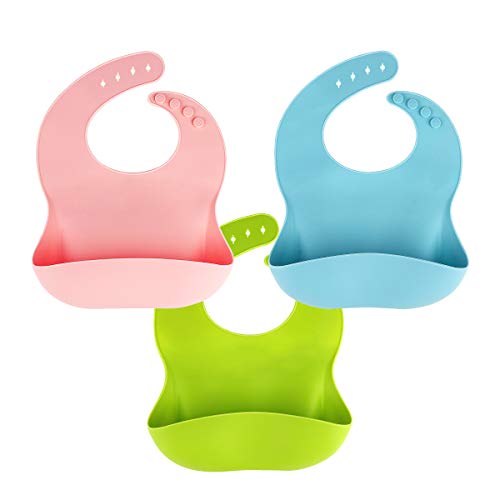 3 Pack Silicone Baby Bib for Babies & Toddlers (6-72 Months), Waterproof, BPA Free, Green Pink and Blue, Easy Wipe Clean