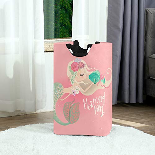 AGONA Cute Mermaid Laundry Basket with Handles Large Storage Bin Collapsible Fabric Laundry Hamper Foldable Laundry Bag for Kids Room Toy Bins Gift Baskets Bedroom Baby Nursery