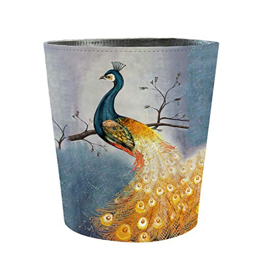 HMANE 10L/2.64 Gallon PU Leather Trash Can Peacock Decorative Waterproof Wastebasket Paper Basket Garbage Bin for Home Office Bathroom, Peacock Pattern