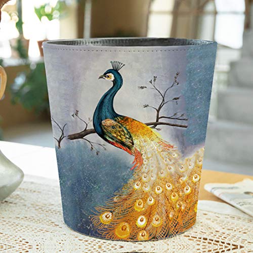 HMANE 10L/2.64 Gallon PU Leather Trash Can Peacock Decorative Waterproof Wastebasket Paper Basket Garbage Bin for Home Office Bathroom, Peacock Pattern