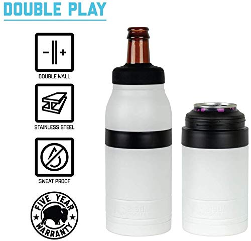 Bison Coolers 2 in 1 Can & Bottle Insulated Cooler Thermos | Vacuum Insulated Stainless Steel Beer Bottle/Can Cooler 12 oz (Double Play) (White)