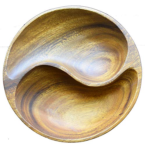 PACIFIC MERCHANTS Acacia Wood 2 Compartment Yin Yang Candy and Nut Bowl, 8" x 8" x 2"