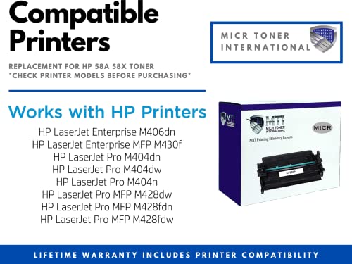 MTI 58A MICR Compatible Replacement for CF258A 258A Modified Toner | Laser Pro Printer M404n M404dn M404dw MFP M428fdw M428fdn M428dw M404 M428 | 58X CF258X Check Printing Ink