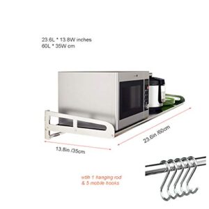 Foldable Stainless Steel Microwave Oven Wall Mount Shelf with 5 Hooks 304 Kitchen Commercial Shelf Rack Restaurant Bar Multifunctional Storage Shelf for Toaster Spice Stand